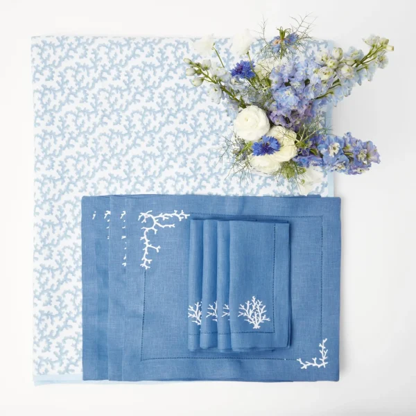 Hot Coral Blue Linen Set Table Linen Sets - Enchanting Dining